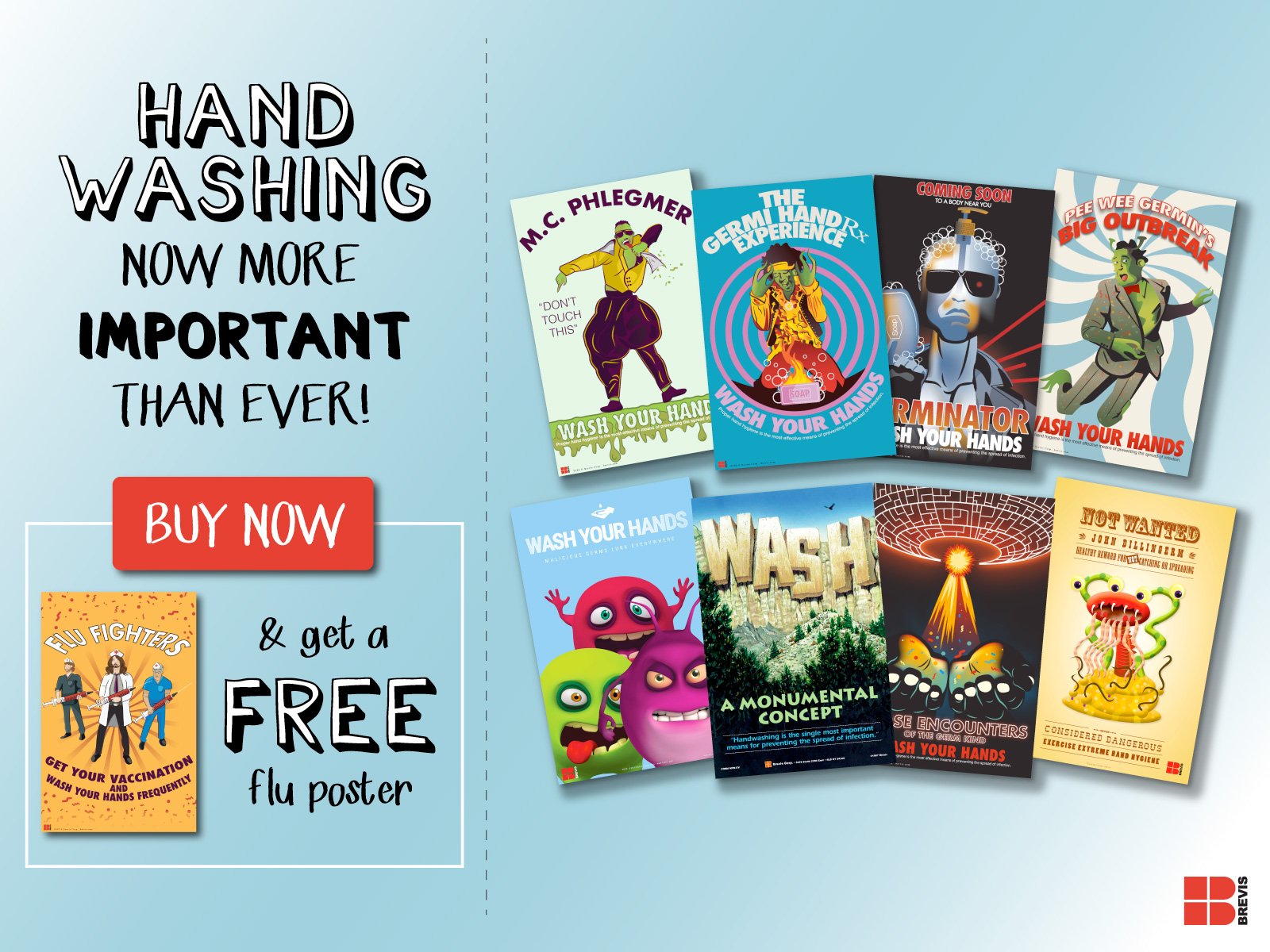 Handwashing Poster Set w Free Flu Poster - Brevis